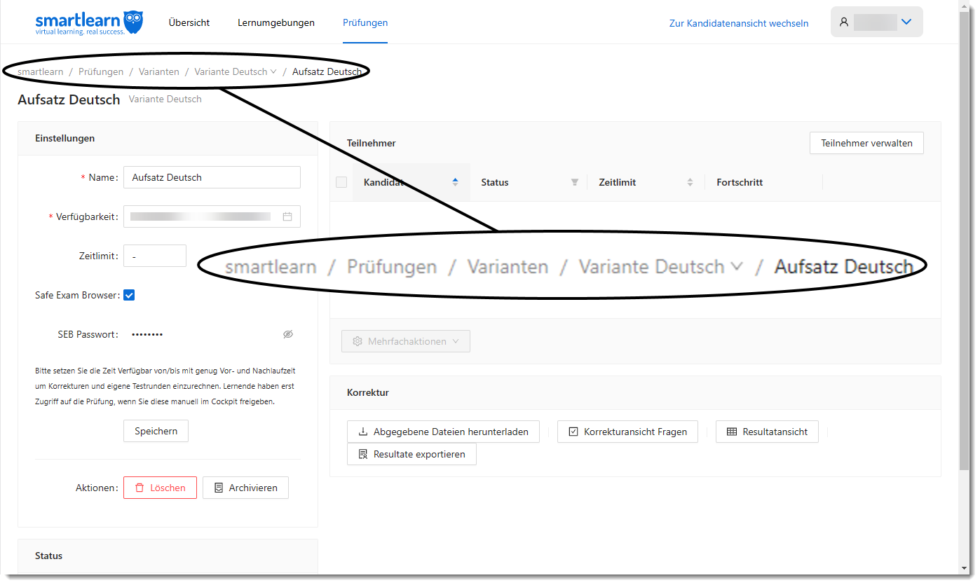 smartlearn – Breadcrumb Navigation und Korrekturperformanz